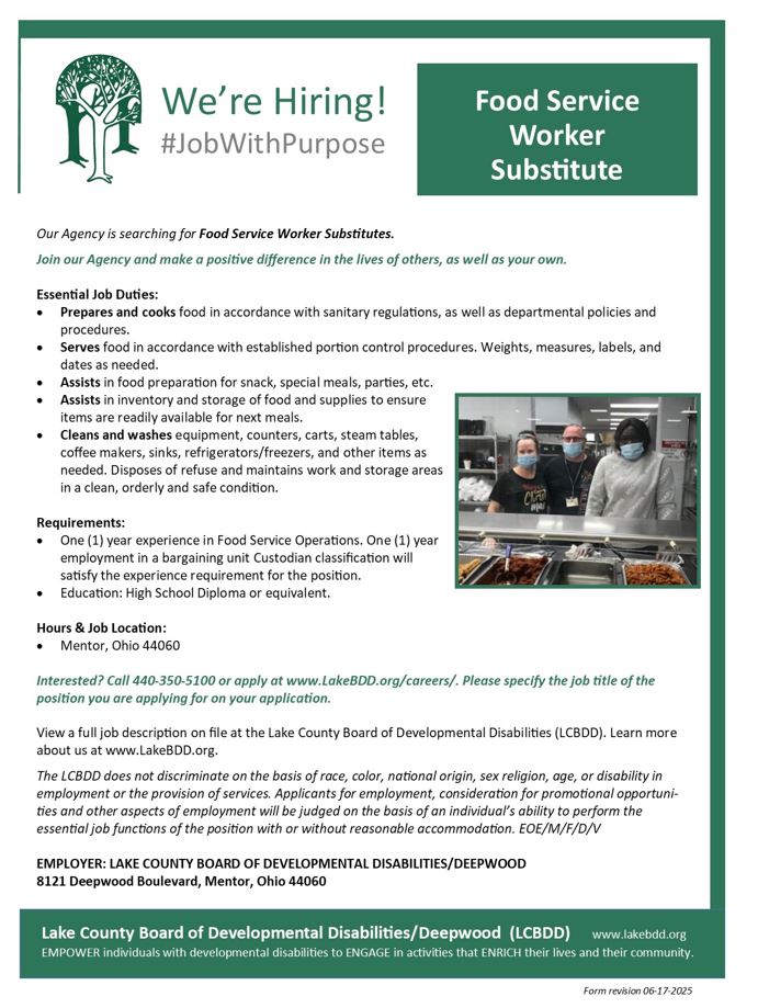 Food Service Team Member (Substitute) - Lake County Board of DD / Deepwood